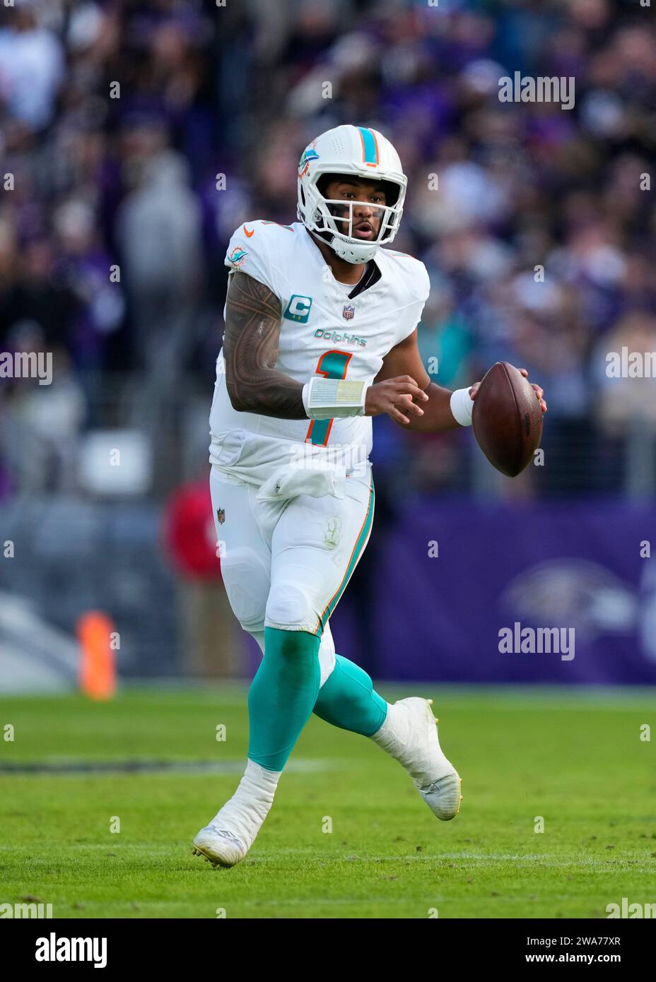 Miami Dolphins quarterback Tua Tagovailoa during an NFL football game ...