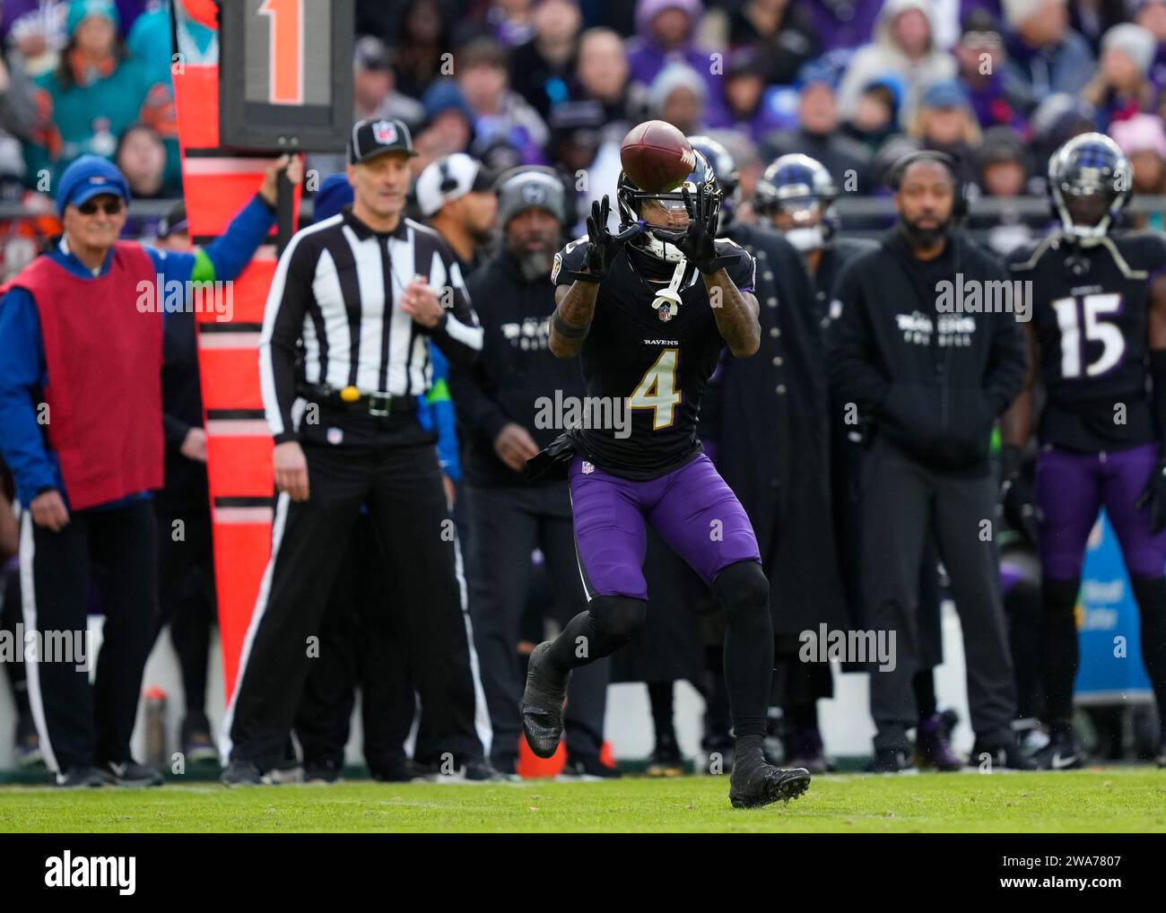 Baltimore Ravens' Zay Flowers in action during an NFL football game, Sunday, Dec. 31, 2023, in ...