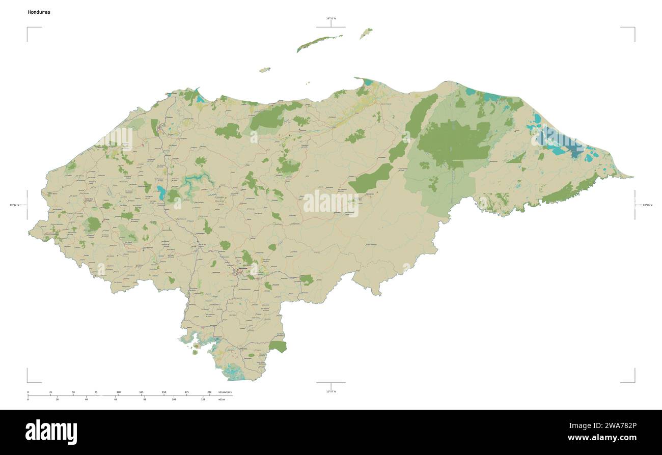 Shape of a topographic, OSM Humanitarian style map of the Honduras ...
