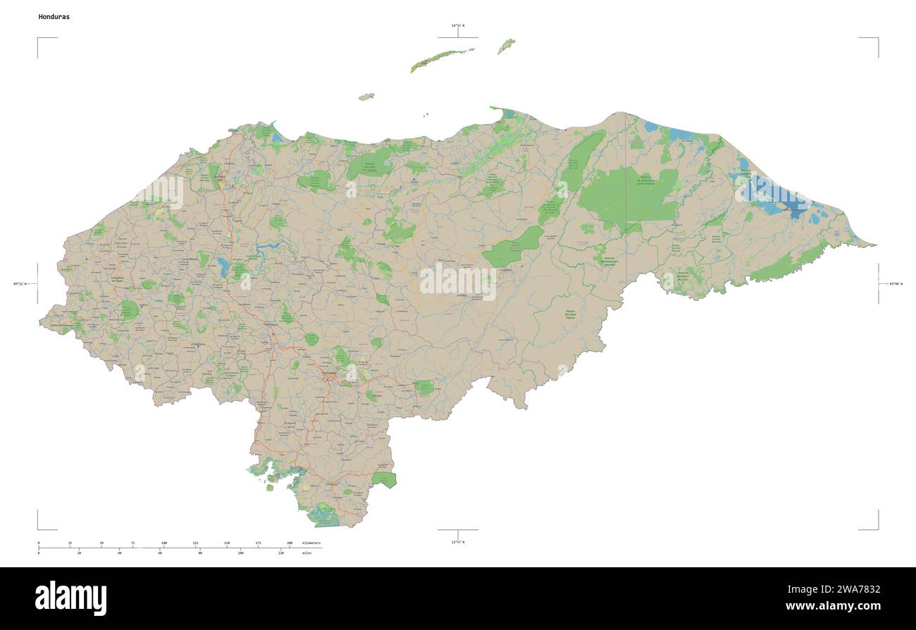 Shape of a topographic, OSM standard style map of the Honduras, with distance scale and map ...