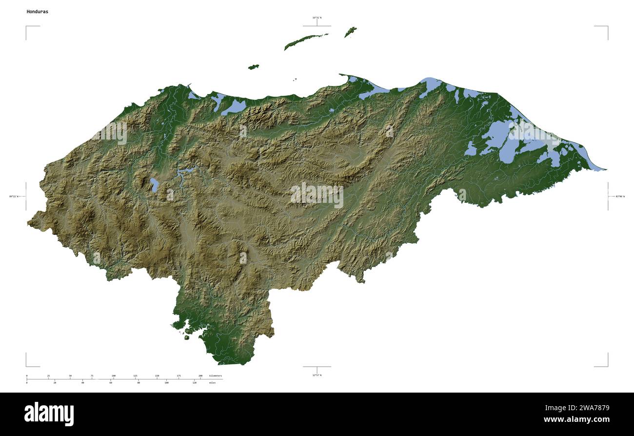 Shape of a Pale colored elevation map with lakes and rivers of the Honduras, with distance scale ...
