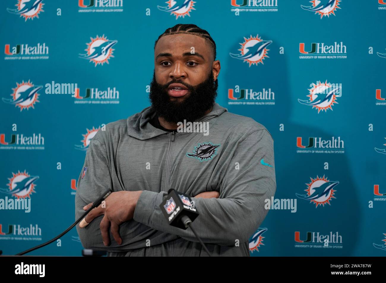 Miami Dolphins defensive tackle Christian Wilkins speaks with members ...