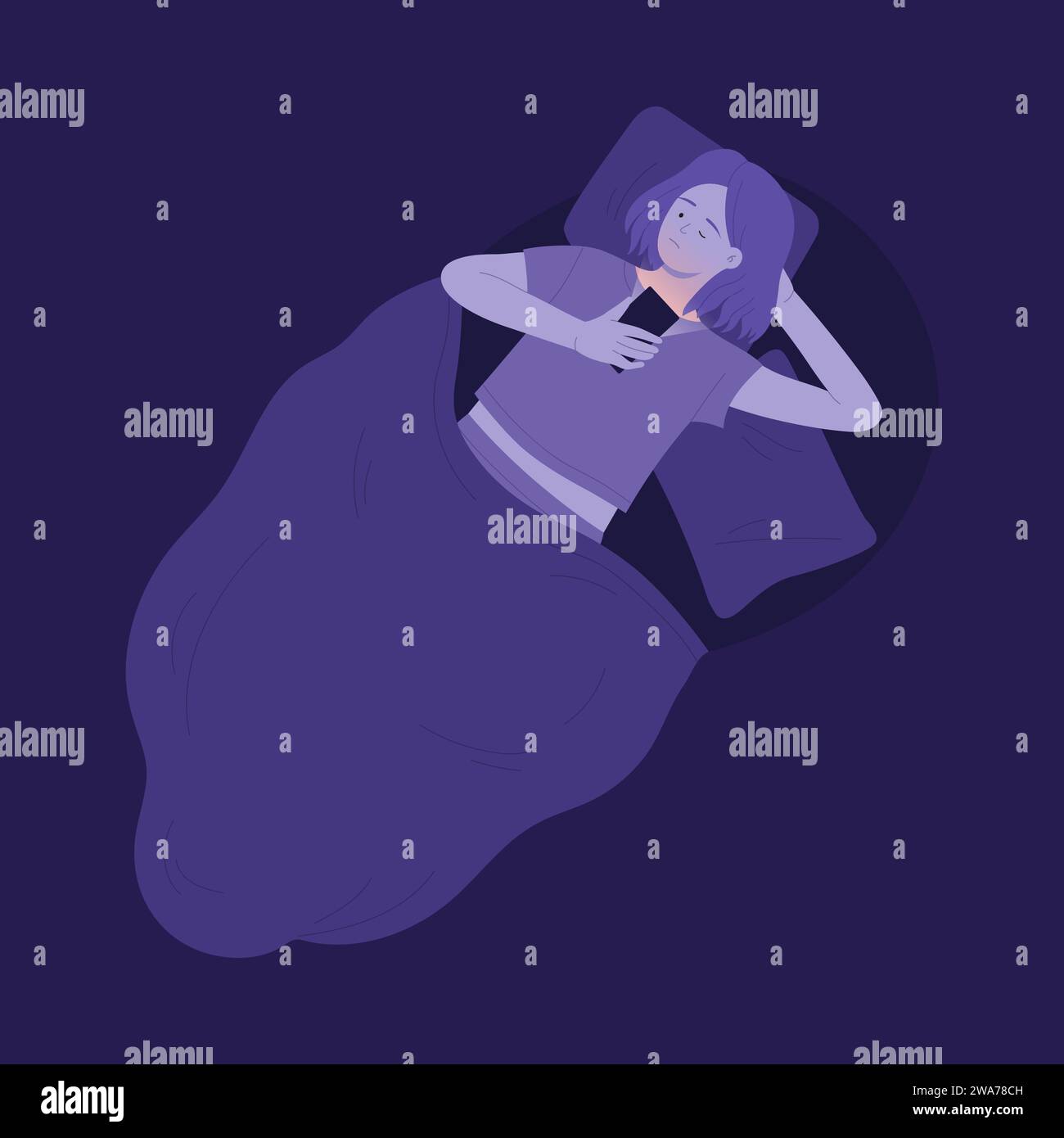 Girl lying in bed and using smartphone. Insomnia problem, sleeping ...