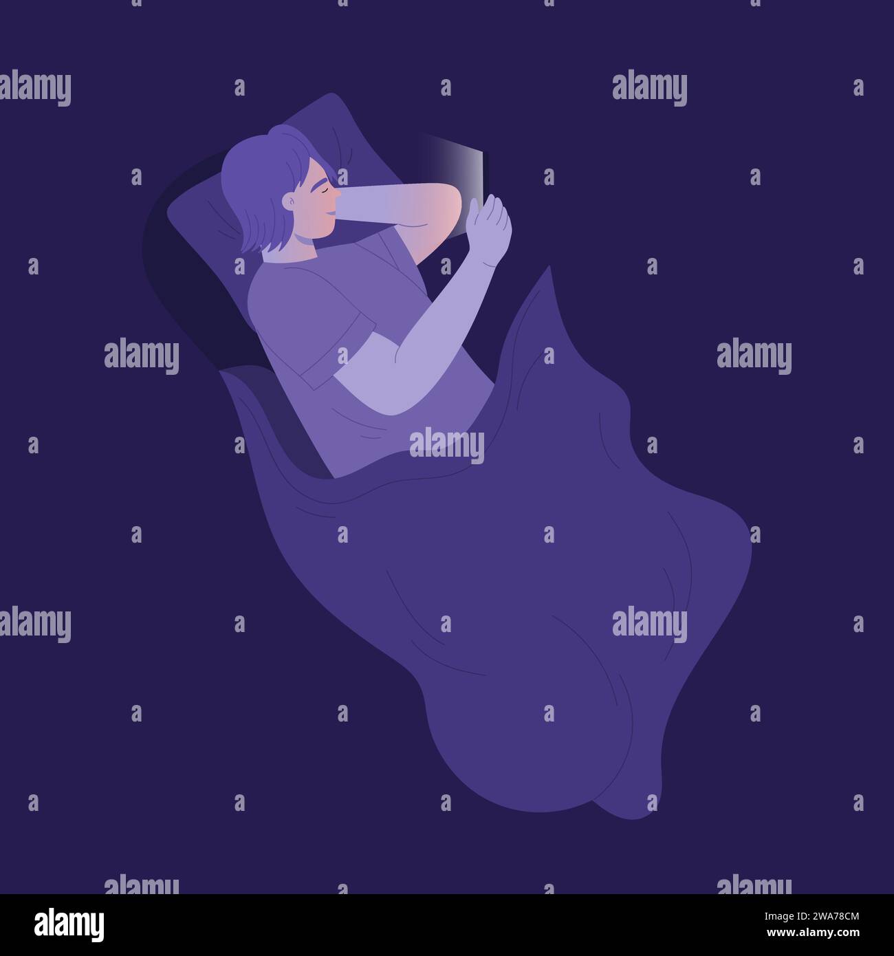 Boy with bad night habit of using smartphone. Teenager suffering from ...