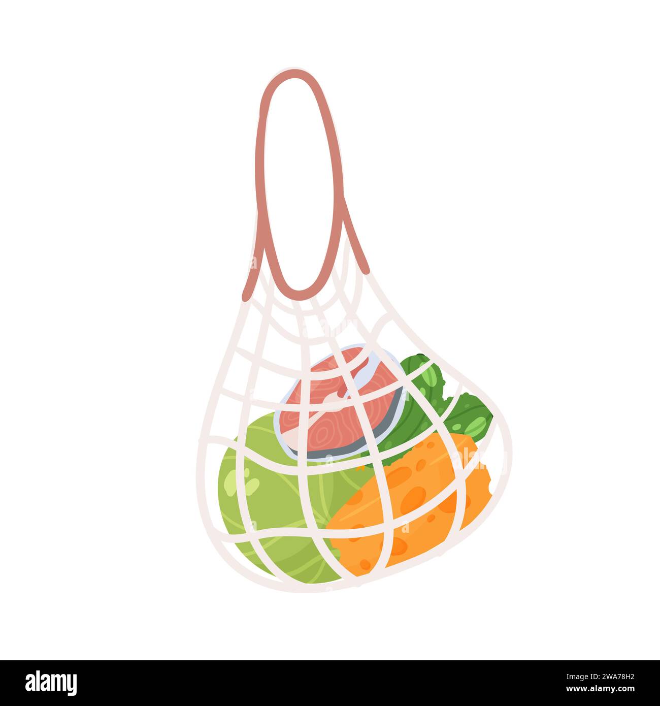 Shopping mesh with products. Net bag with food, shopping grocery vector ...