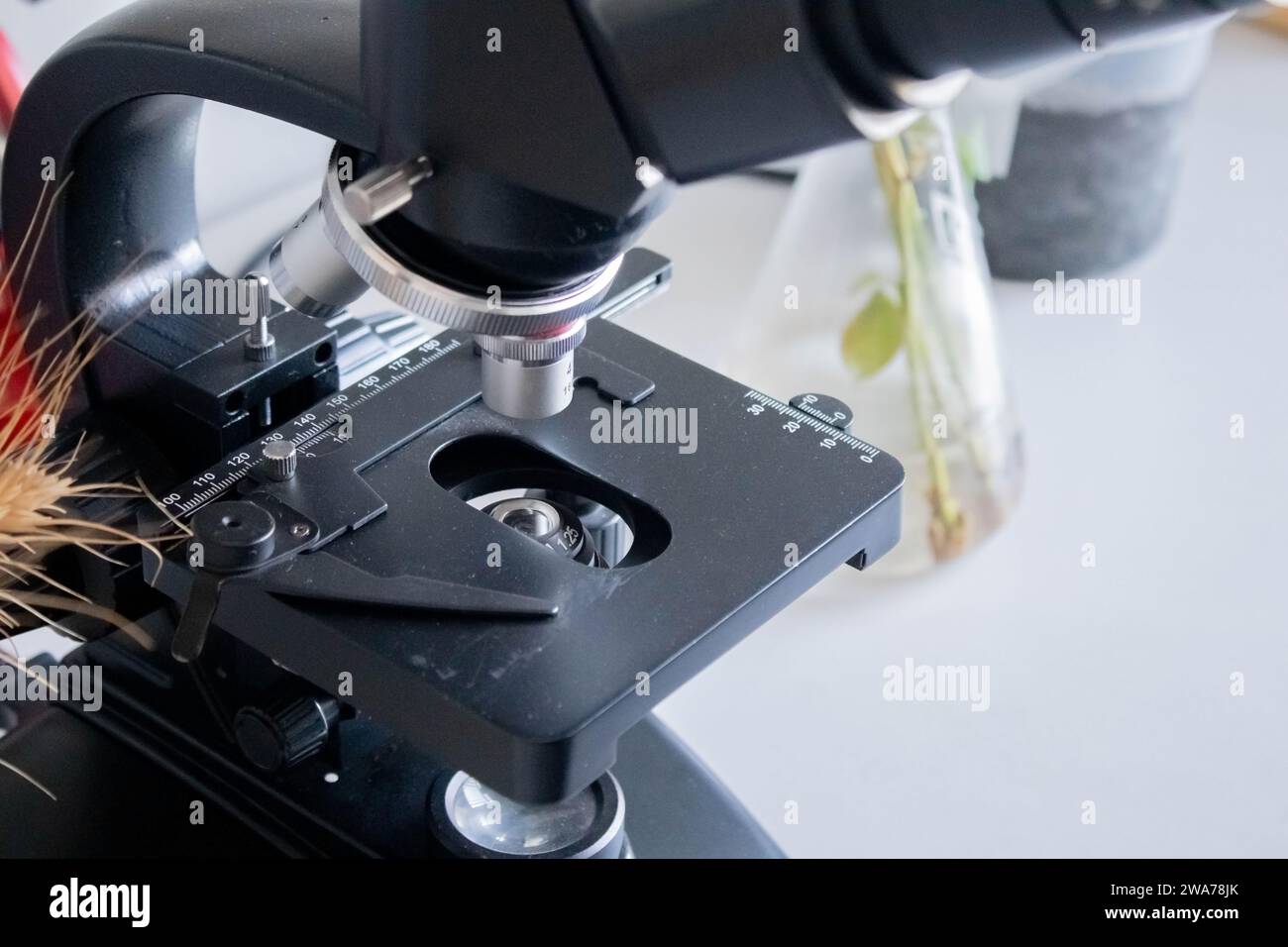 Microscope on table for vintage science background Stock Photo - Alamy
