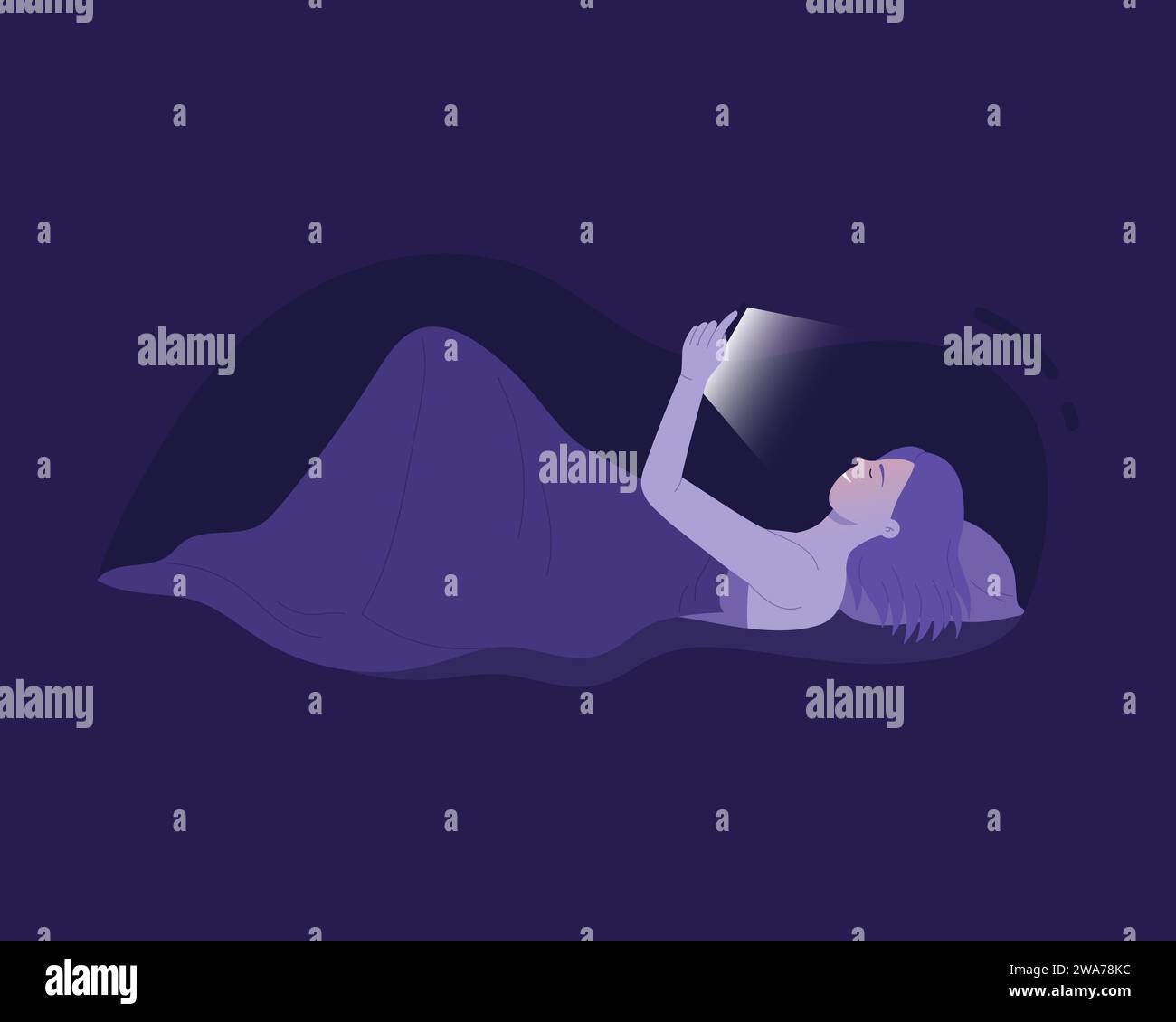 Girl with bad night habit of using smartphone. Lady suffering from ...