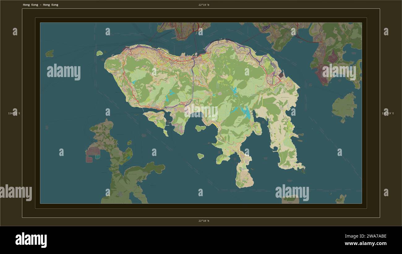 Hong Kong highlighted on a topographic, OSM Humanitarian style map map ...
