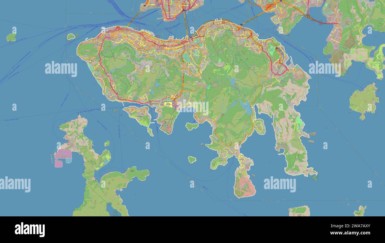 Hong Kong outlined on a topographic, OSM Germany style map Stock Photo - Alamy