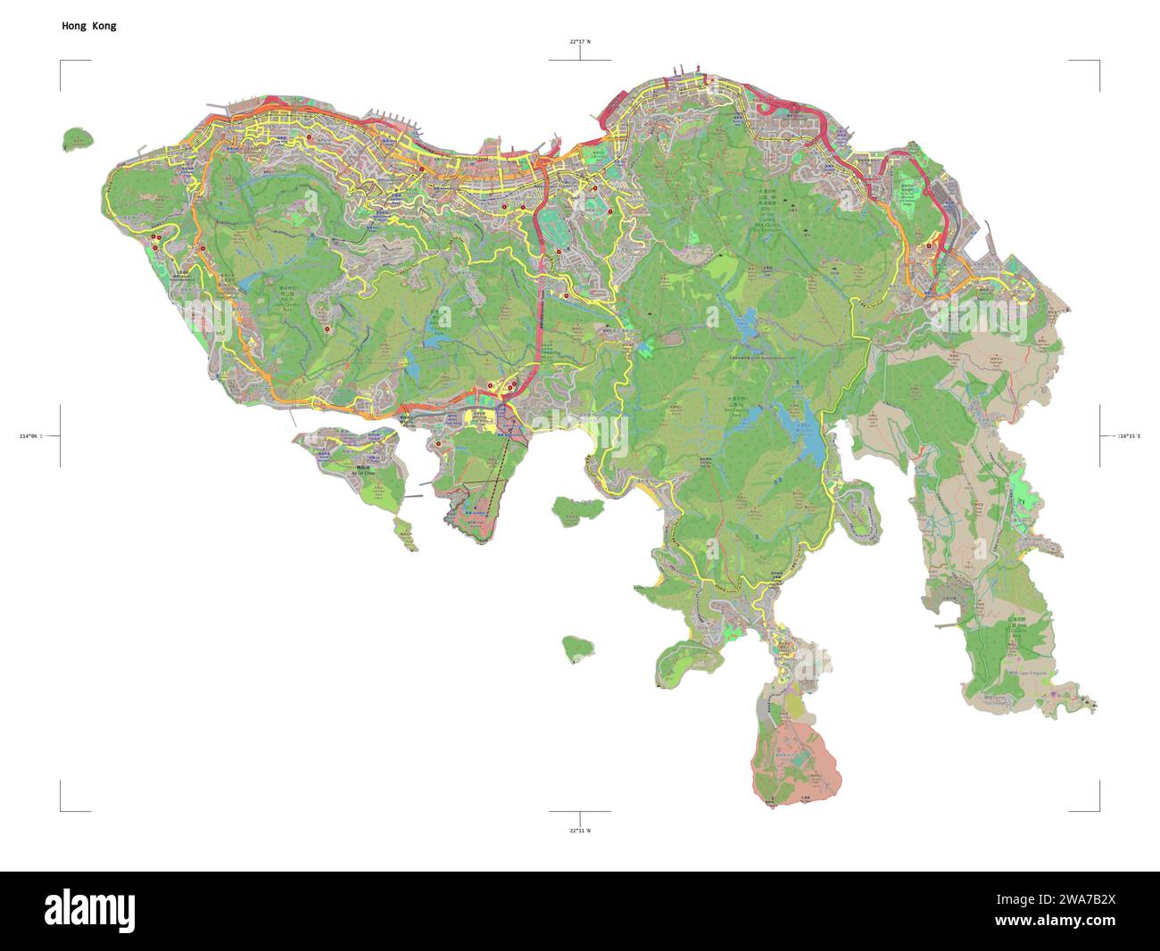 Shape of a topographic, OSM standard style map of the Hong Kong, with ...