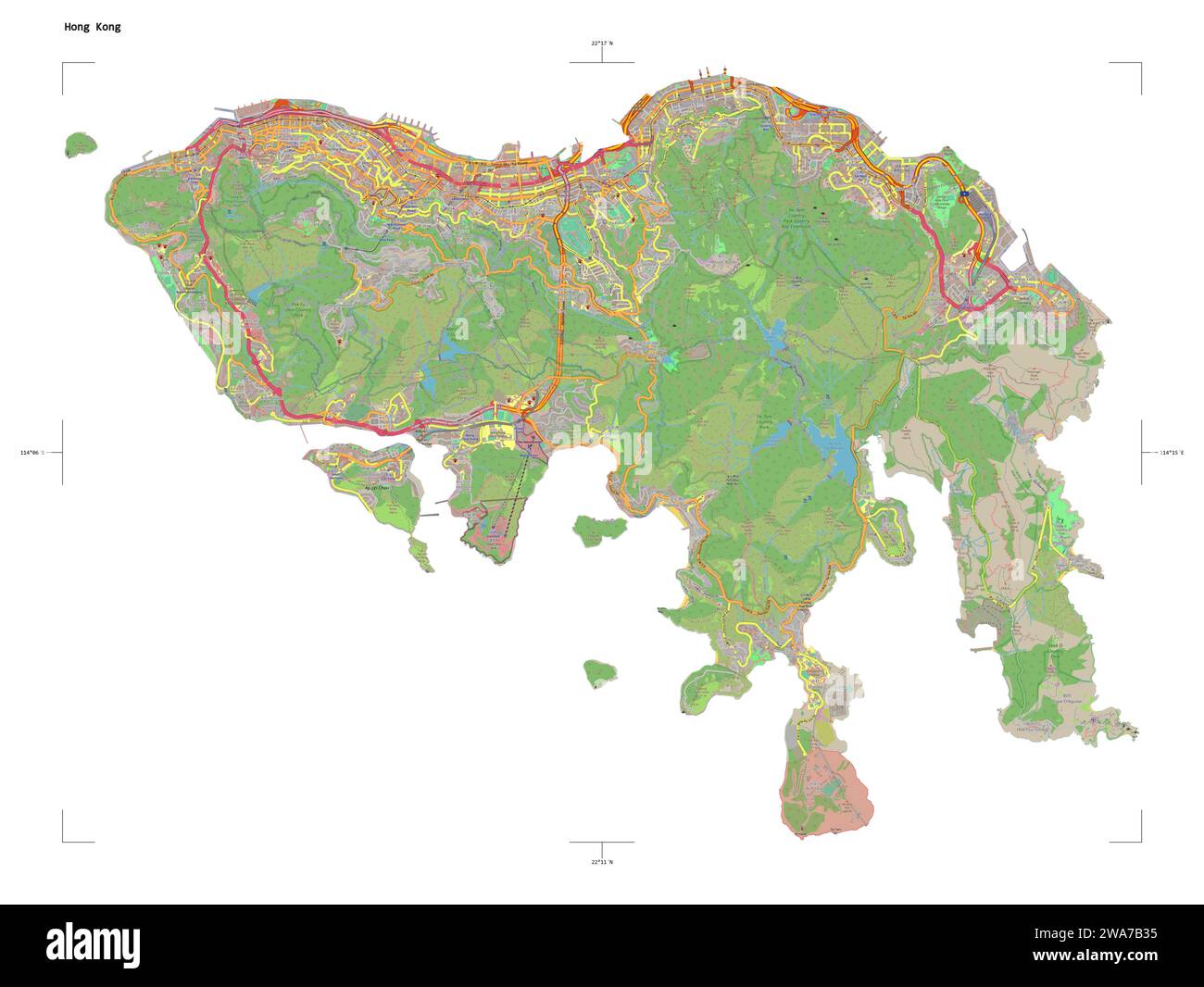 Shape of a topographic, OSM Germany style map of the Hong Kong, with distance scale and map ...