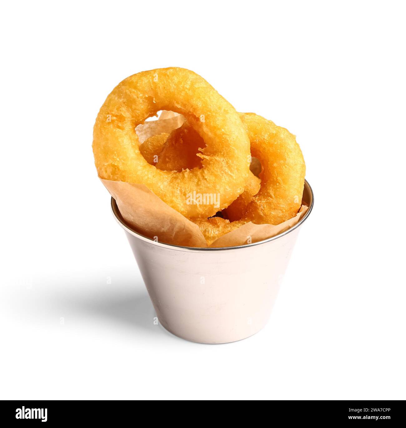Metal bucket with fried breaded onion rings on white background Stock ...