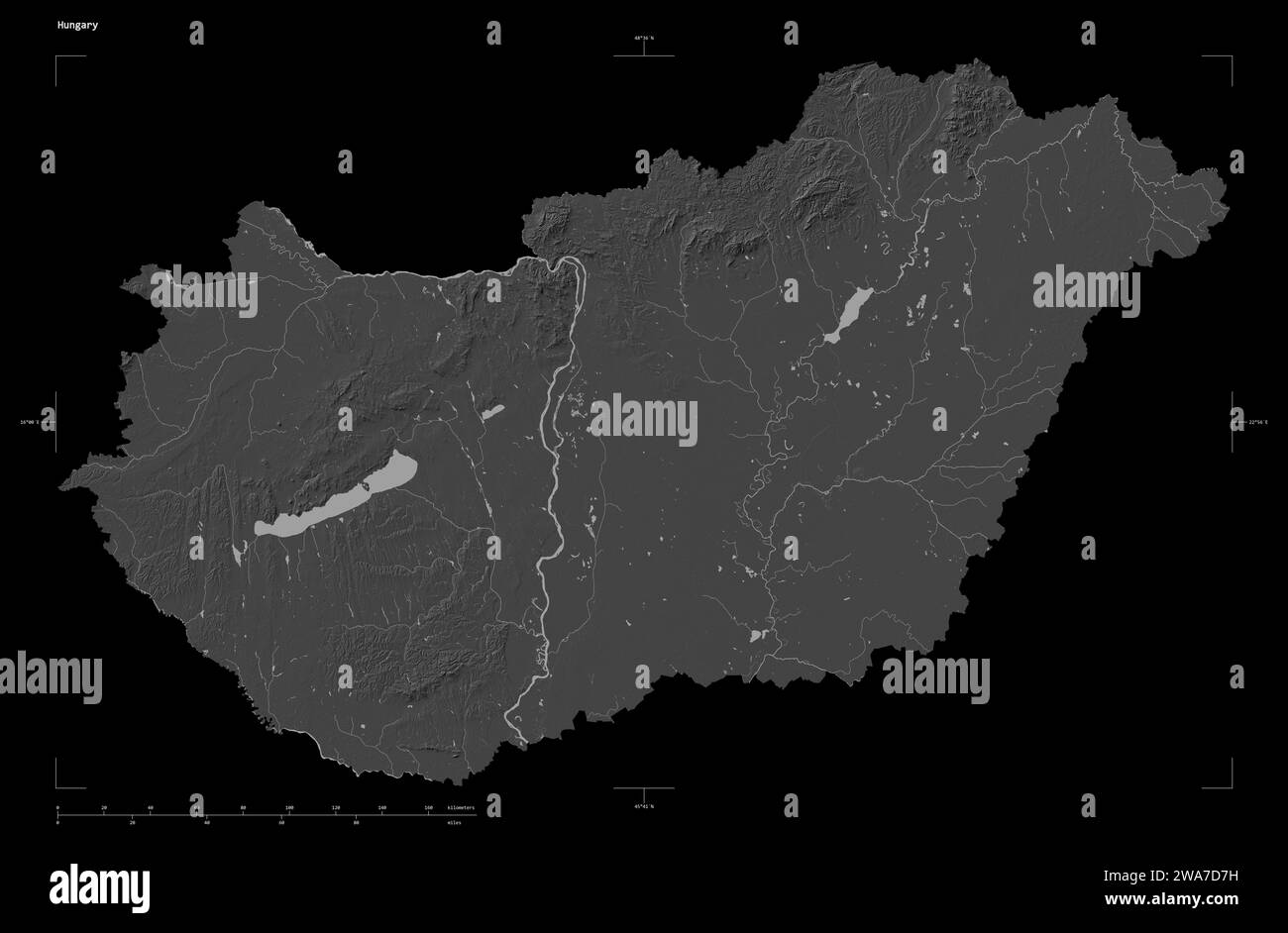 Shape of a Bilevel elevation map with lakes and rivers of the Hungary ...