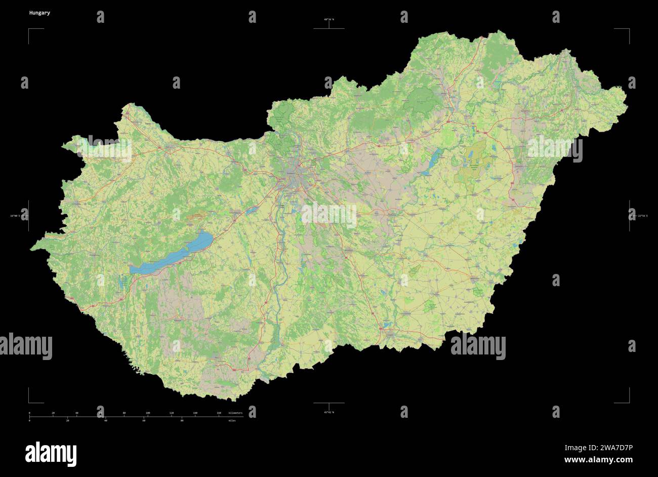 Shape of a topographic, OSM standard style map of the Hungary, with ...