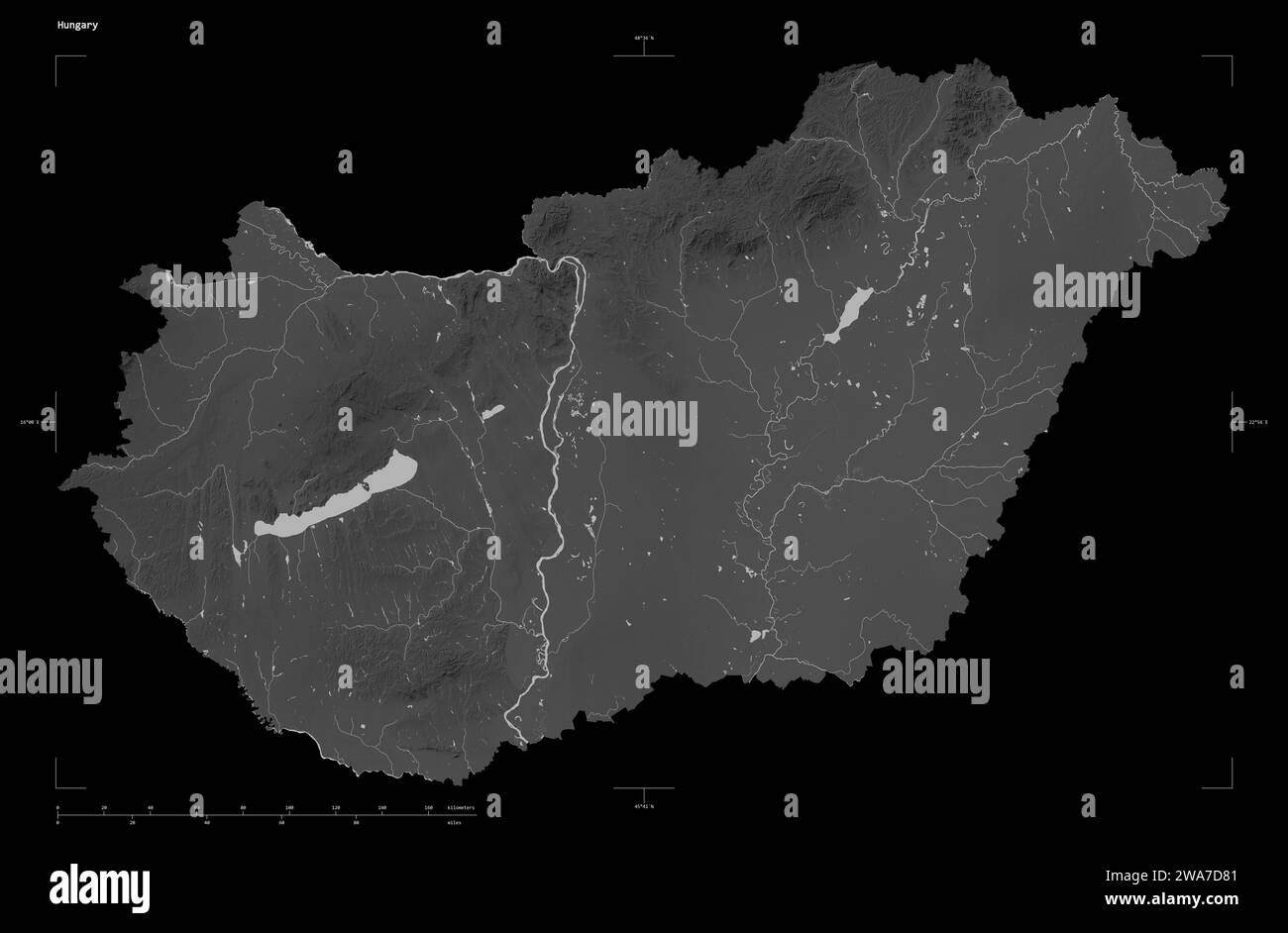 Shape of a Grayscale elevation map with lakes and rivers of the Hungary ...