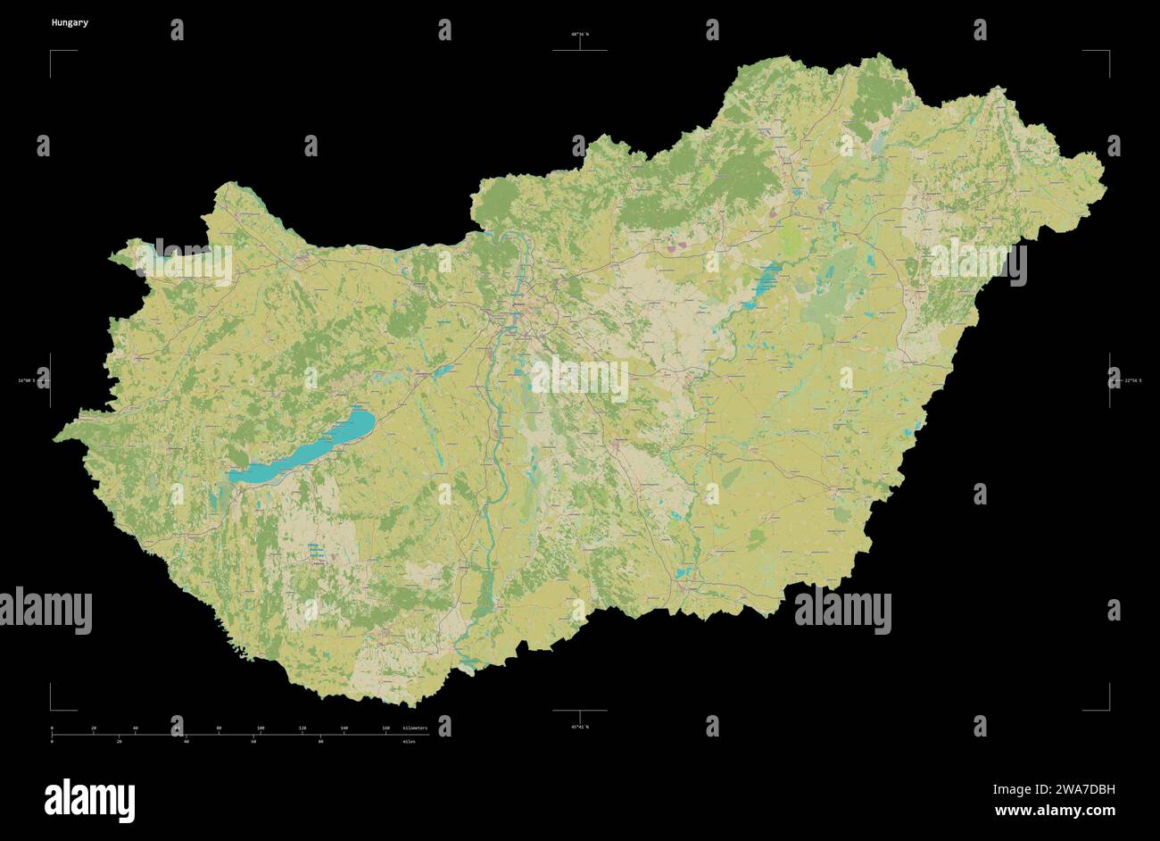 Shape of a topographic, OSM Humanitarian style map of the Hungary, with ...