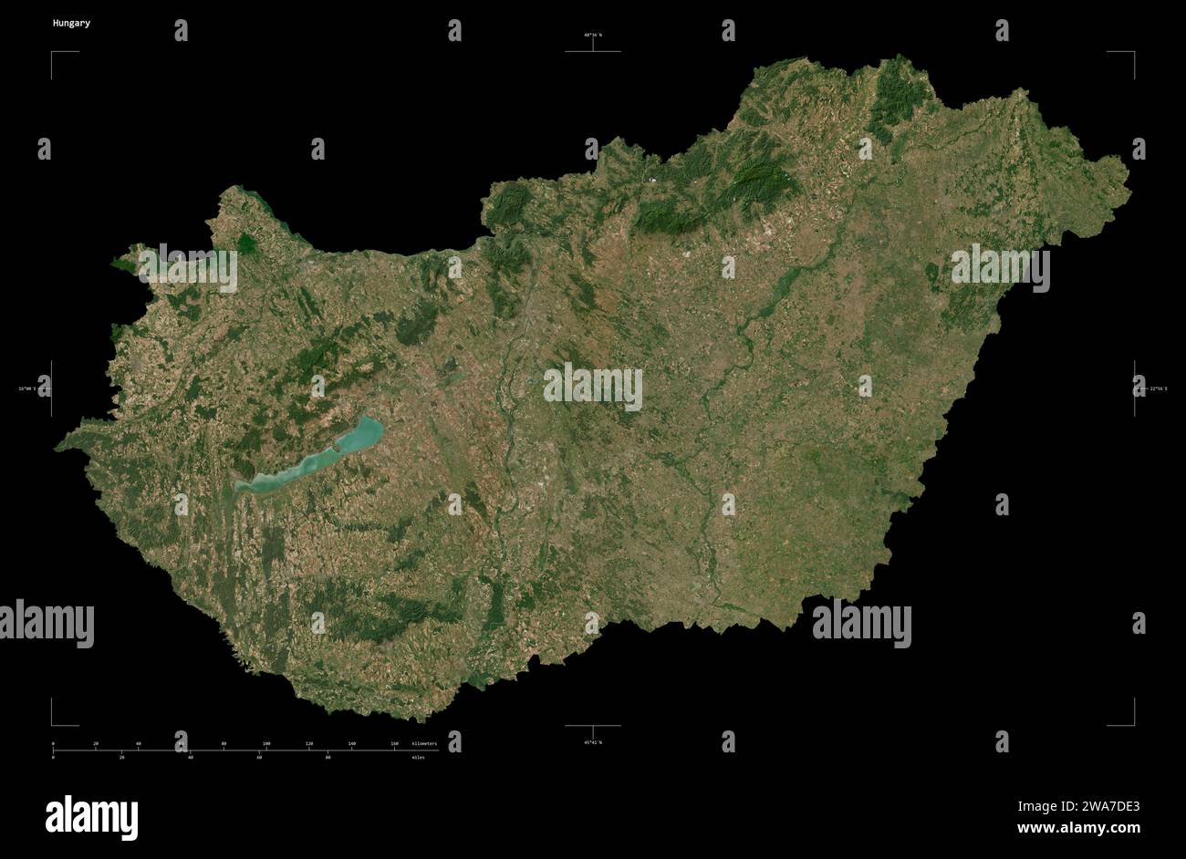 Shape of a low resolution satellite map of the Hungary, with distance ...