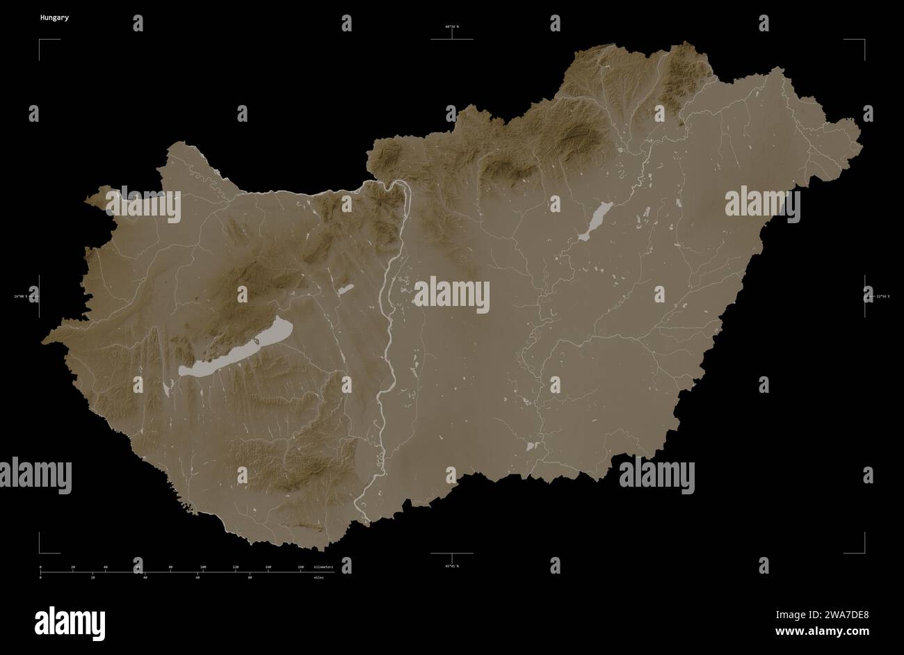 Shape of a elevation map colored in sepia tones with lakes and rivers ...