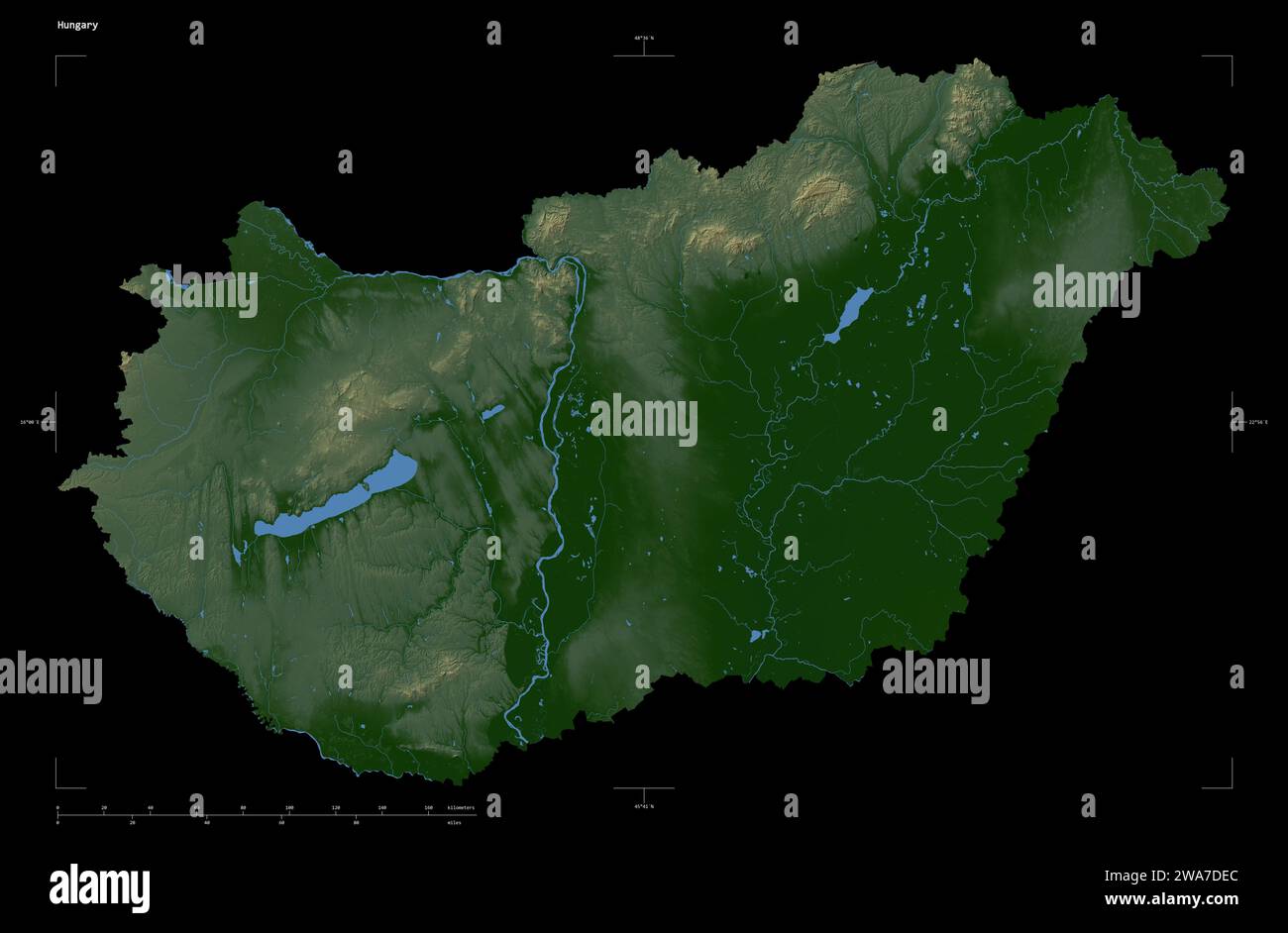 Shape of a Colored elevation map with lakes and rivers of the Hungary, with distance scale and ...