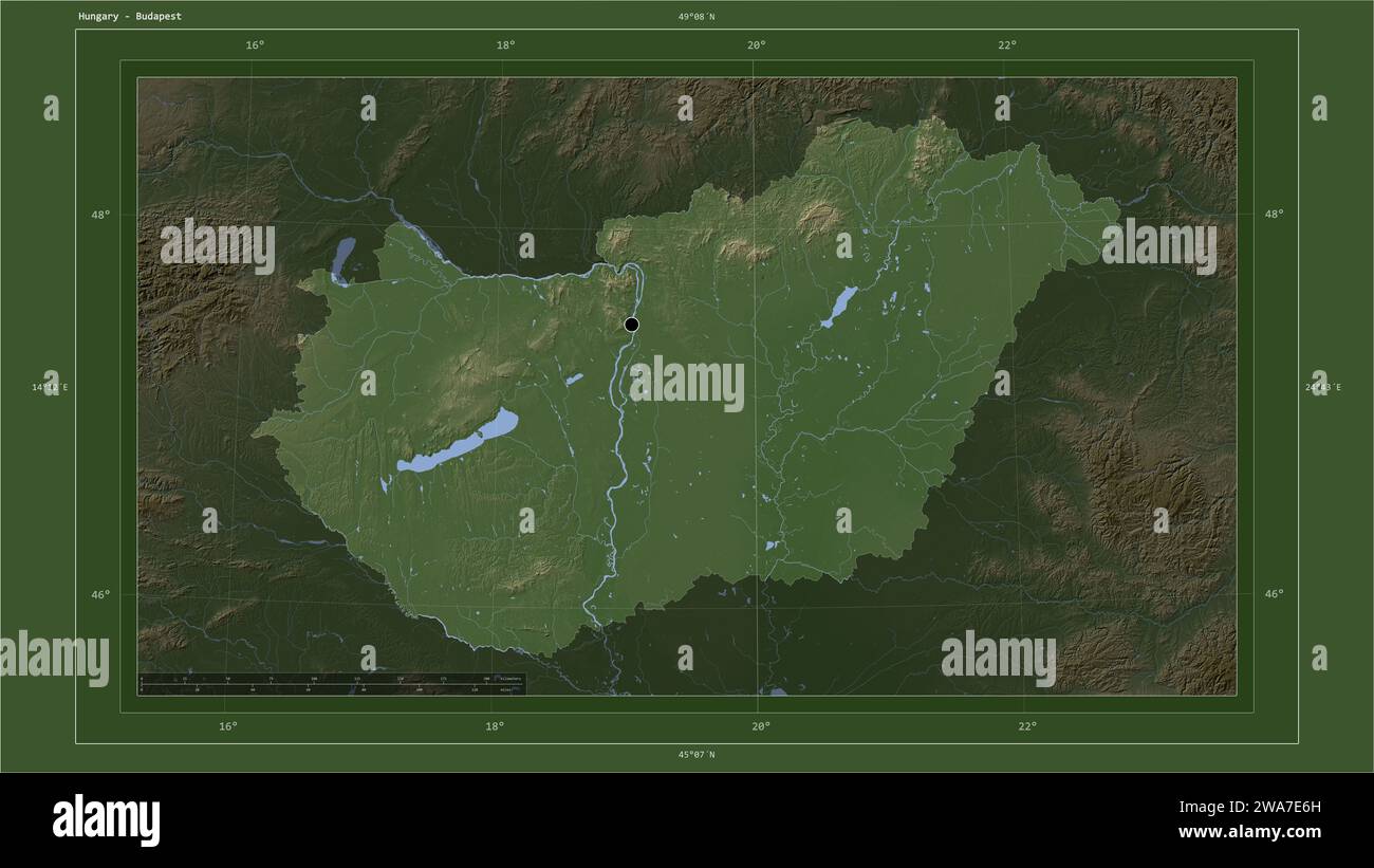 Hungary highlighted on a Pale colored elevation map with lakes and ...