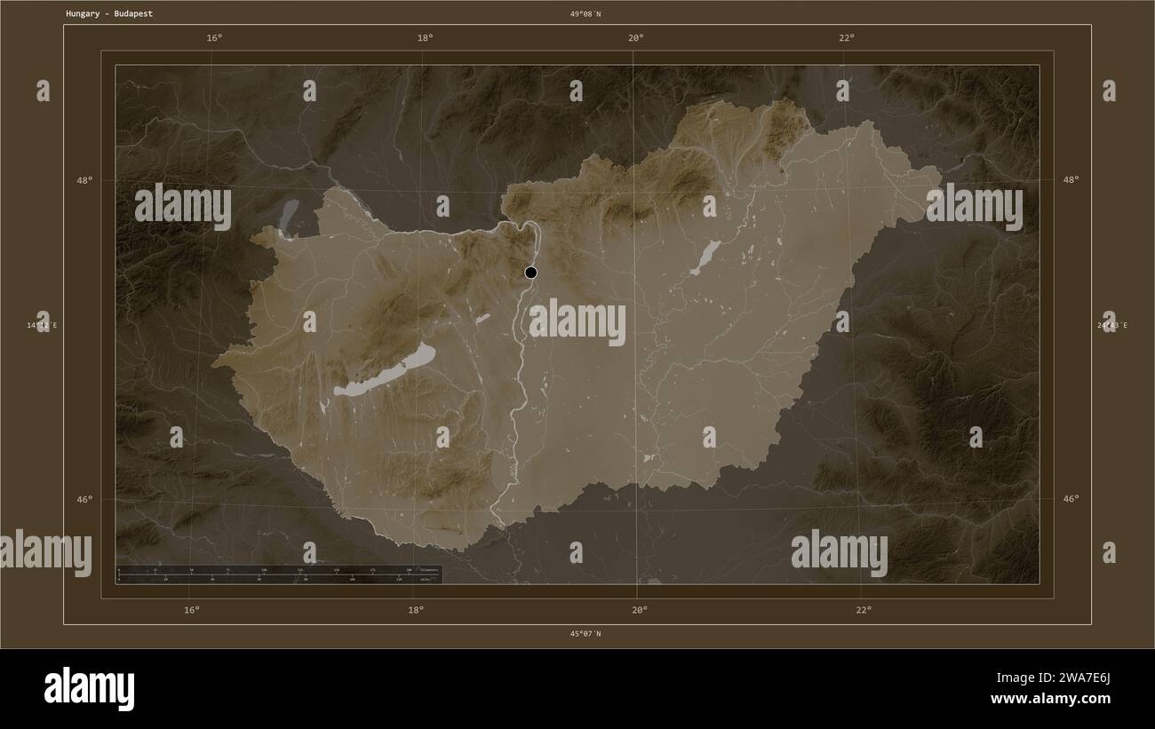 Hungary highlighted on a elevation map colored in sepia tones with ...