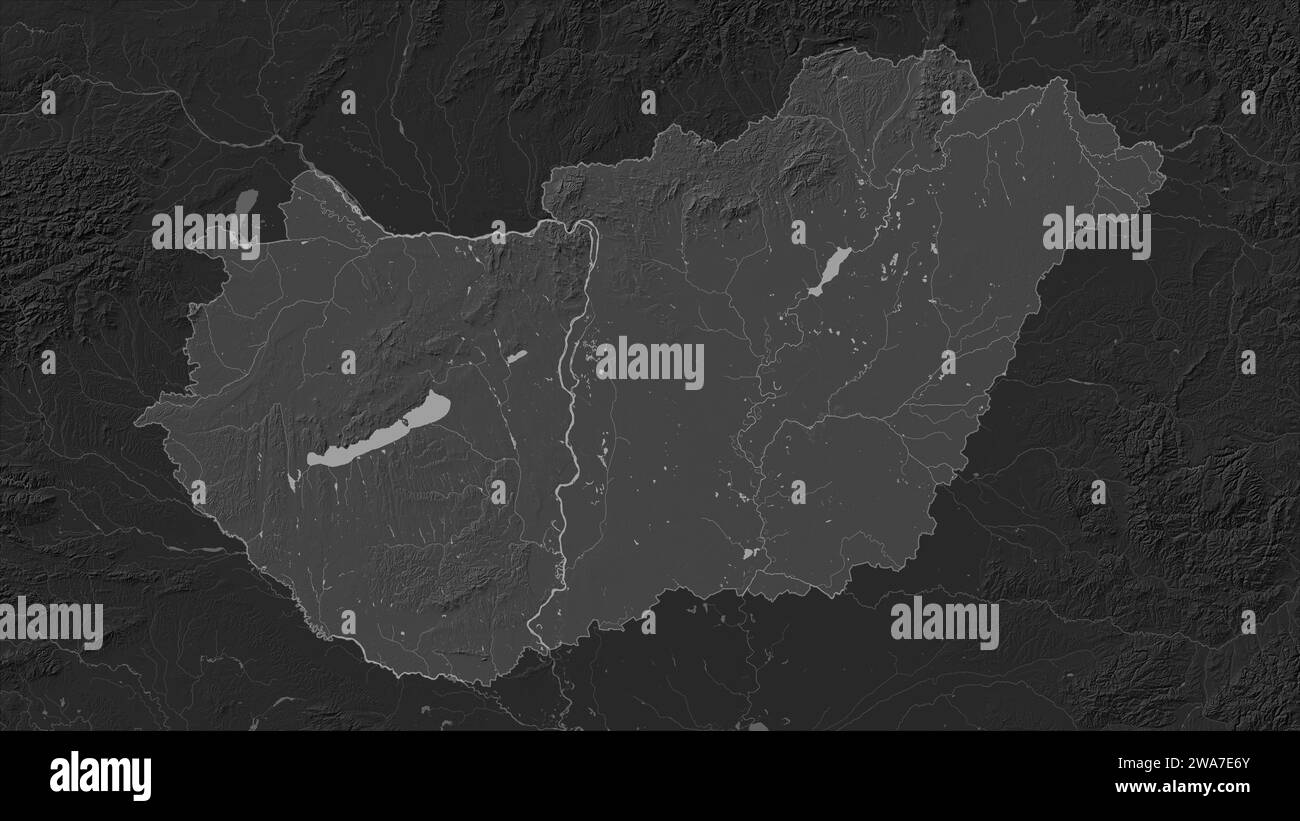 Hungary highlighted on a Bilevel elevation map with lakes and rivers ...