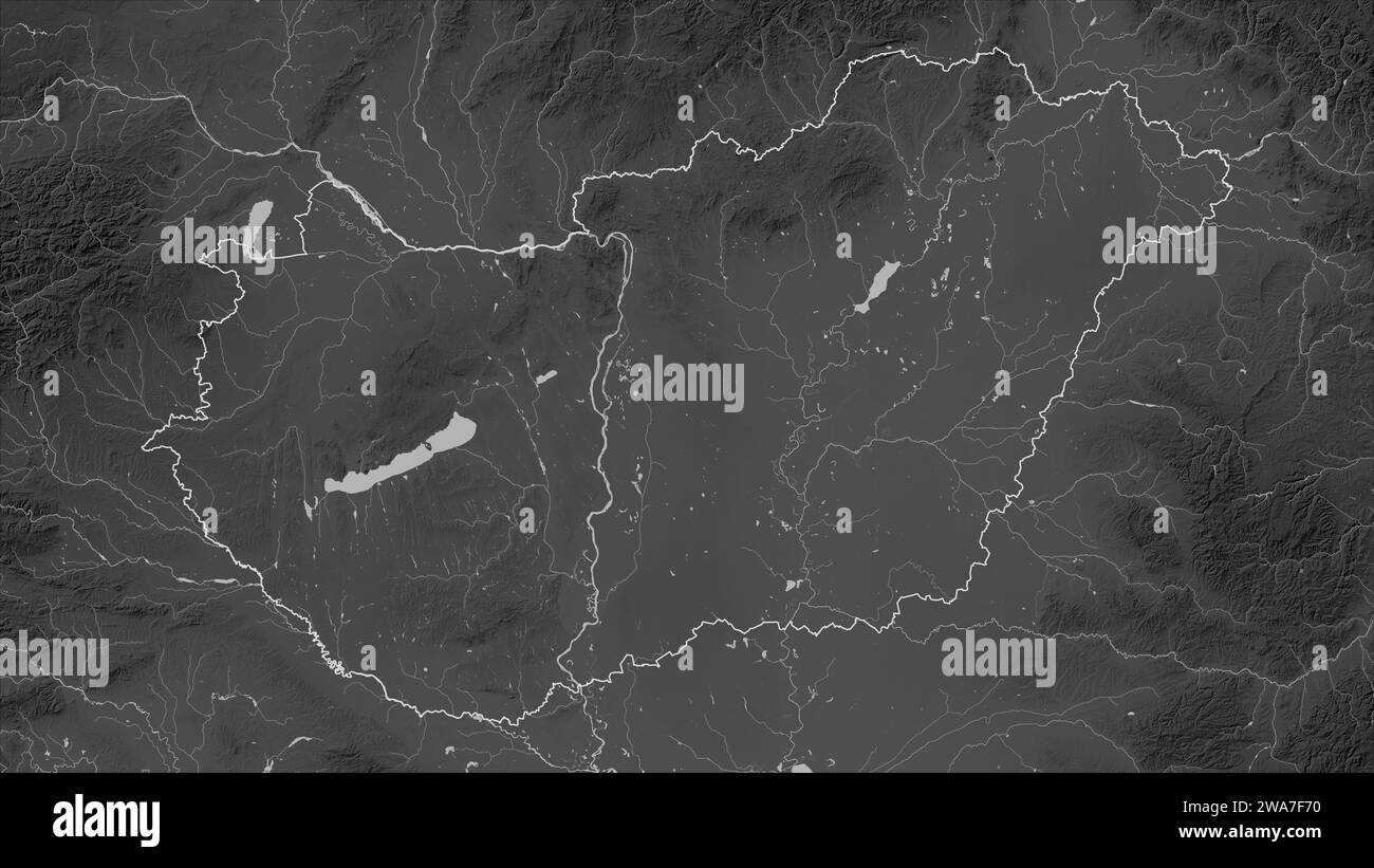 Hungary outlined on a Grayscale elevation map with lakes and rivers ...