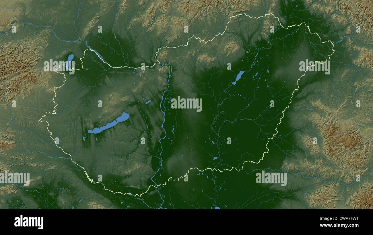 Hungary outlined on a Colored elevation map with lakes and rivers Stock ...
