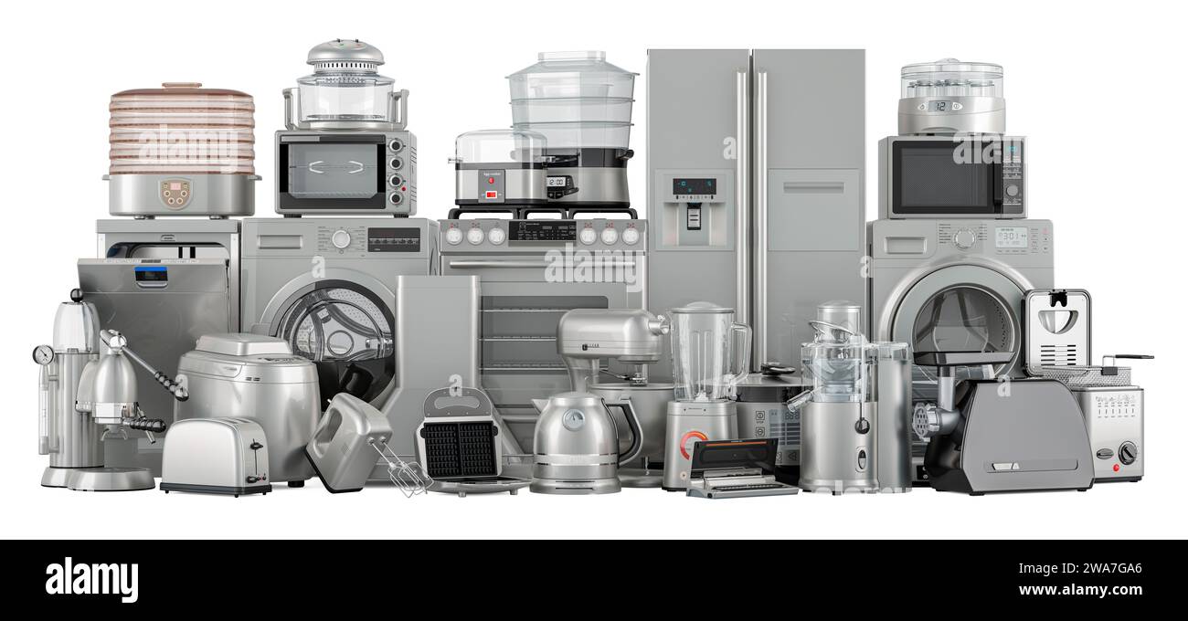 Collection of kitchen appliances, silver metallic colors. 3D rendering ...