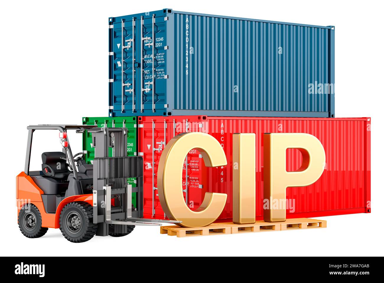 CIP concept. Forklift truck with cargo containers, 3D rendering ...