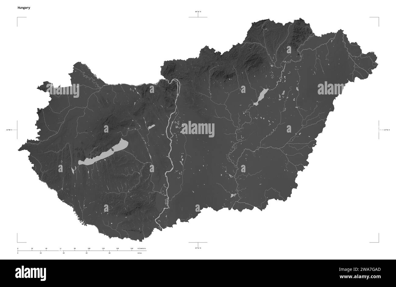 Shape of a Grayscale elevation map with lakes and rivers of the Hungary, with distance scale and ...