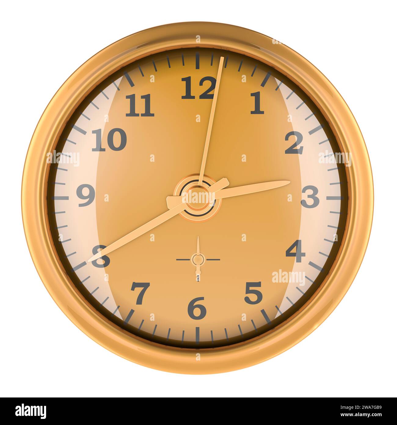 Golden Wall Clock, front view. 3D rendering isolated on white ...