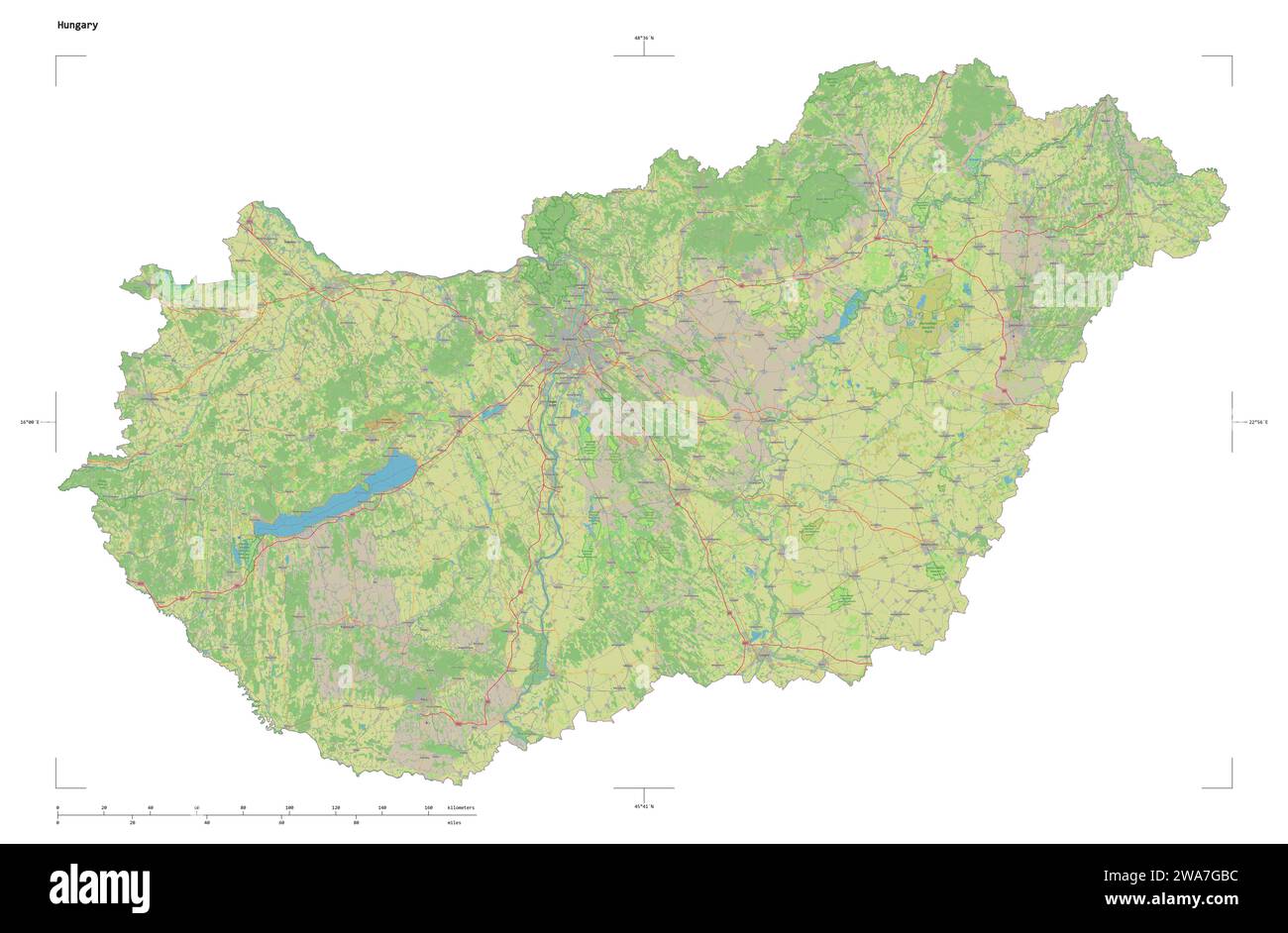 Shape of a topographic, OSM standard style map of the Hungary, with distance scale and map ...