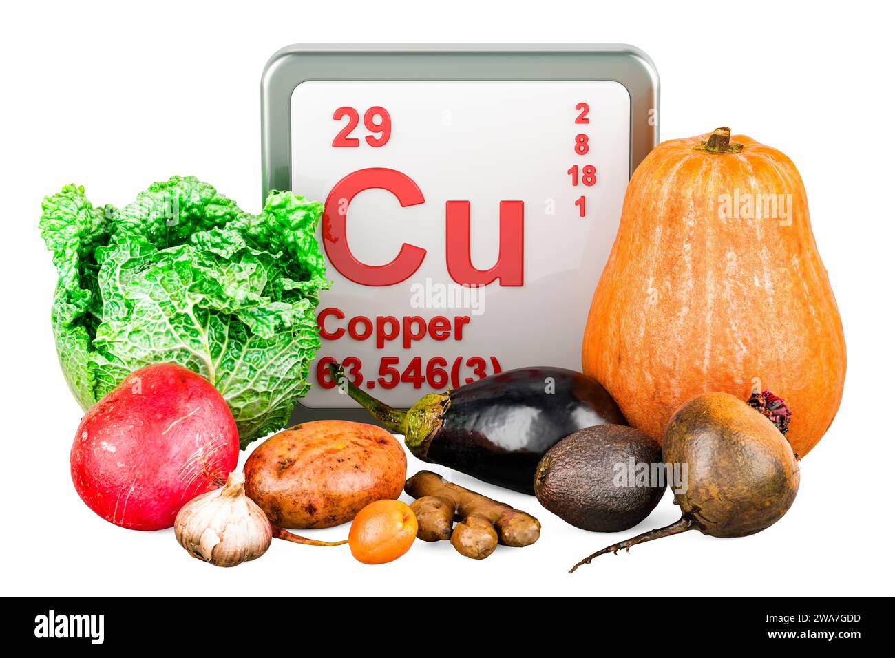 Products containing Copper, Cu. 3D rendering isolated on white ...