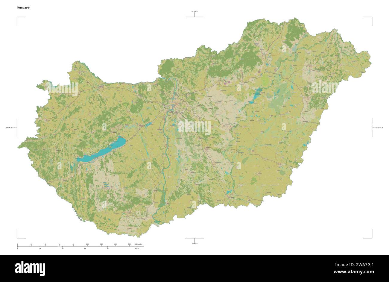 Shape of a topographic, OSM Humanitarian style map of the Hungary, with ...