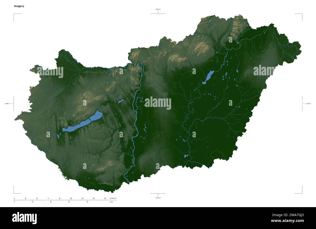 Shape of a Colored elevation map with lakes and rivers of the Hungary ...