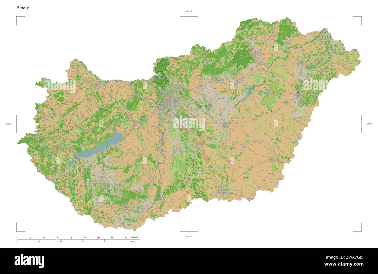 Shape of a topographic, OSM France style map of the Hungary, with ...