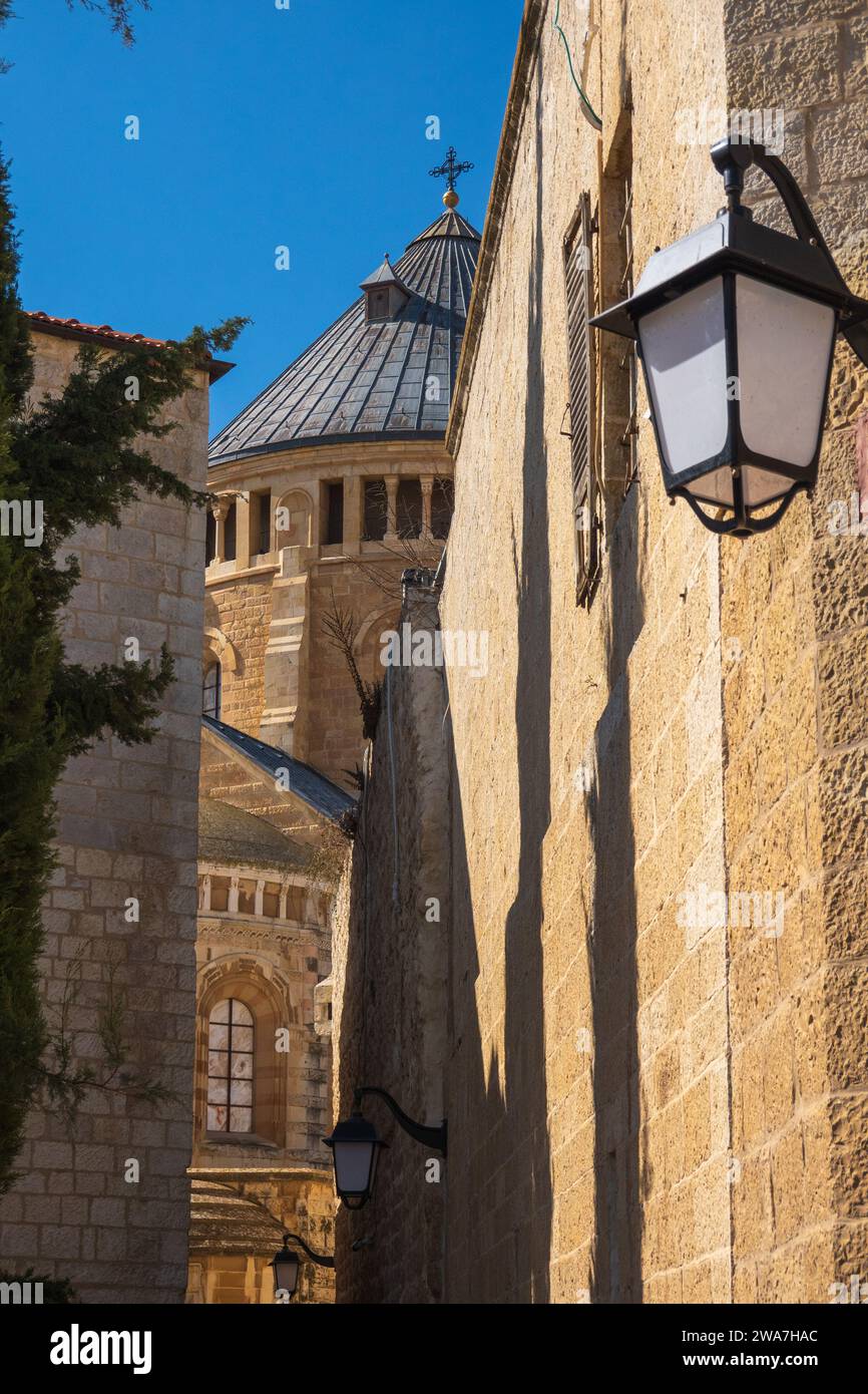 Ancient limestone walls and street lamp in Jerusalem's old town with ...