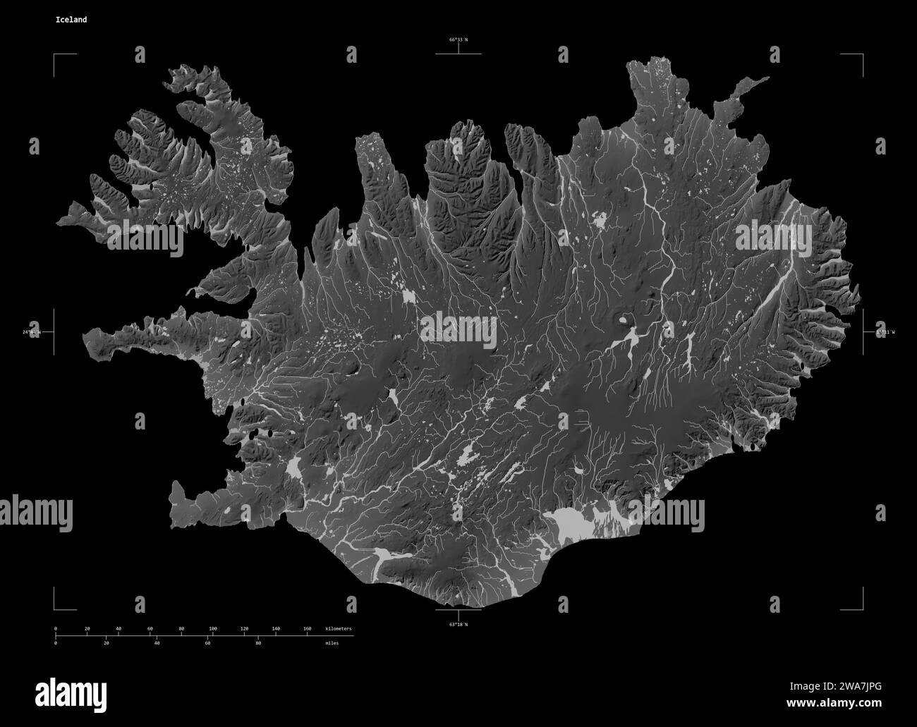 Shape of a Grayscale elevation map with lakes and rivers of the Iceland ...