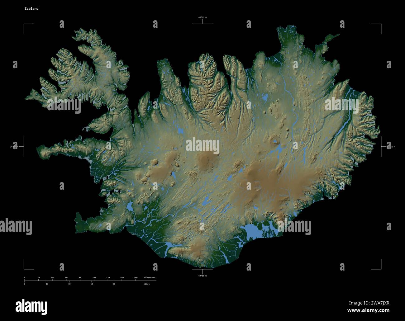 Shape of a Colored elevation map with lakes and rivers of the Iceland ...
