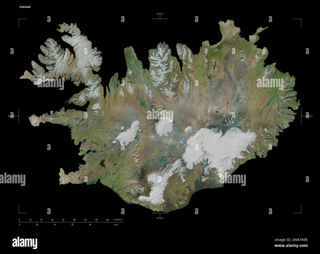 Shape of a high resolution satellite map of the Iceland, with distance ...