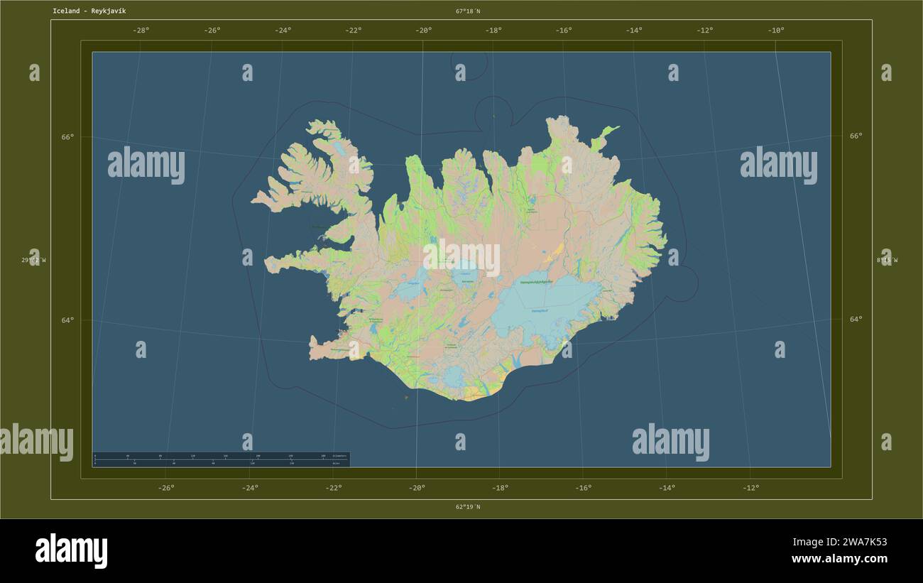 Iceland highlighted on a topographic, OSM standard style map map with ...