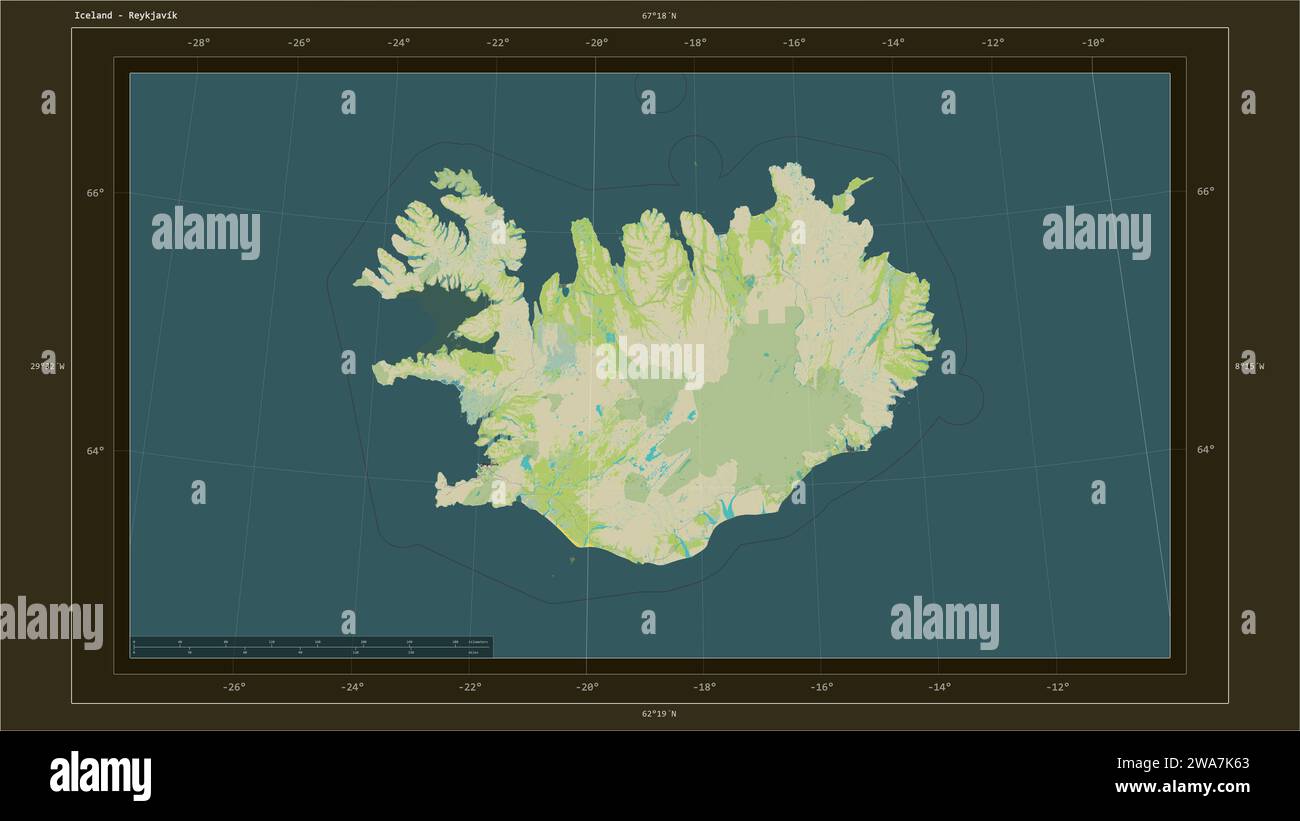 Iceland highlighted on a topographic, OSM Humanitarian style map map ...