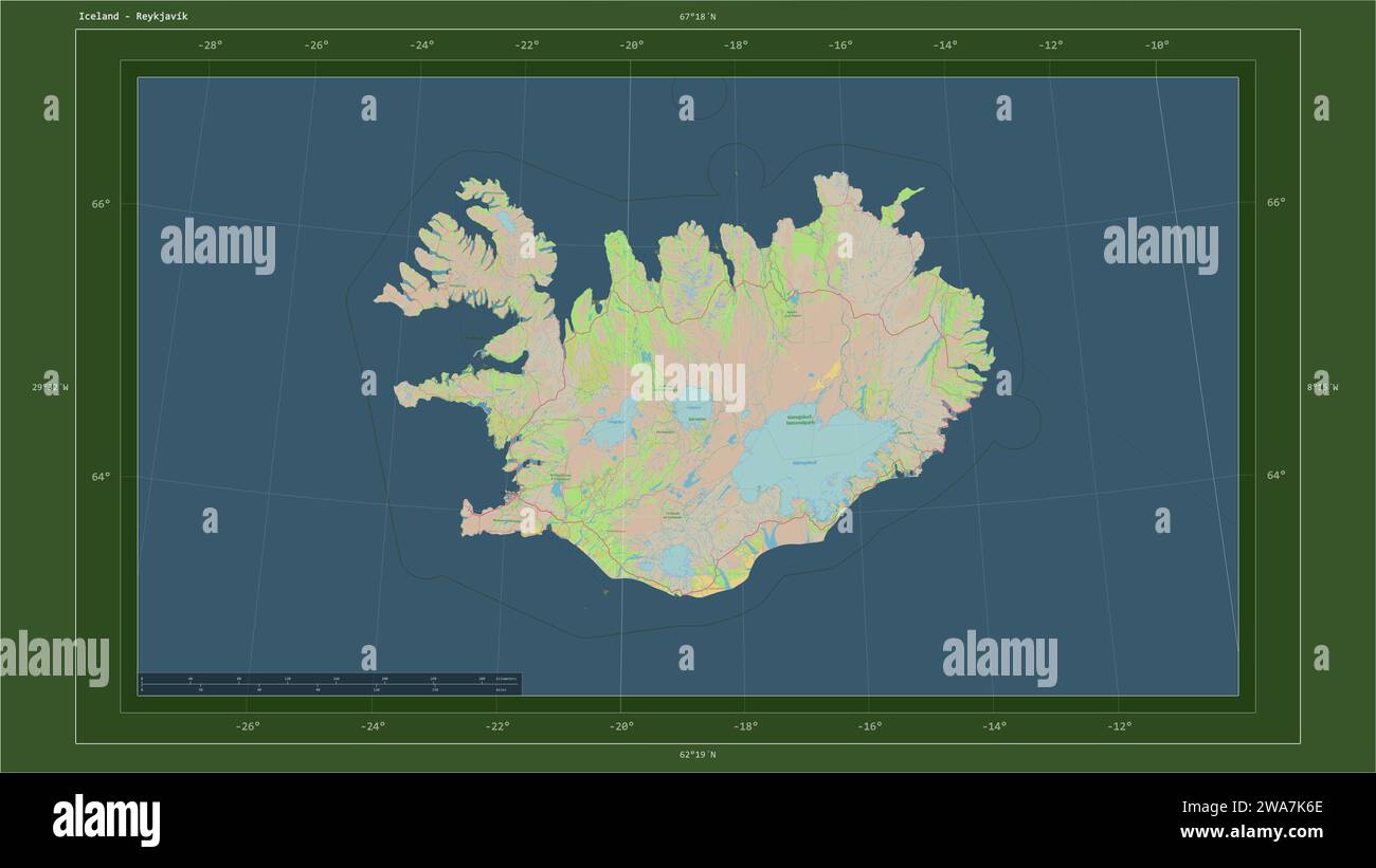 Iceland highlighted on a topographic, OSM Germany style map map with the country's capital point ...