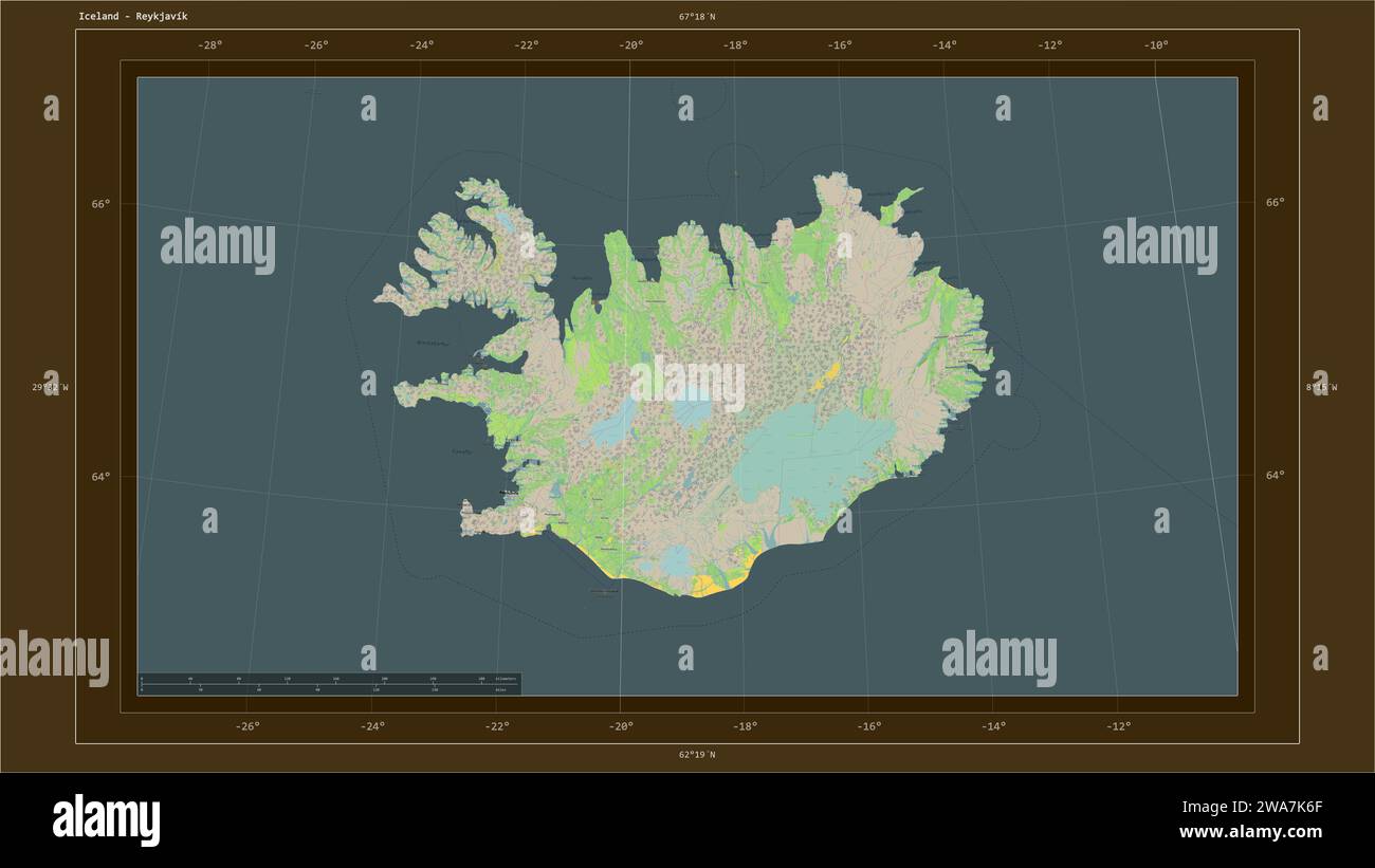 Iceland highlighted on a topographic, OSM France style map map with the ...