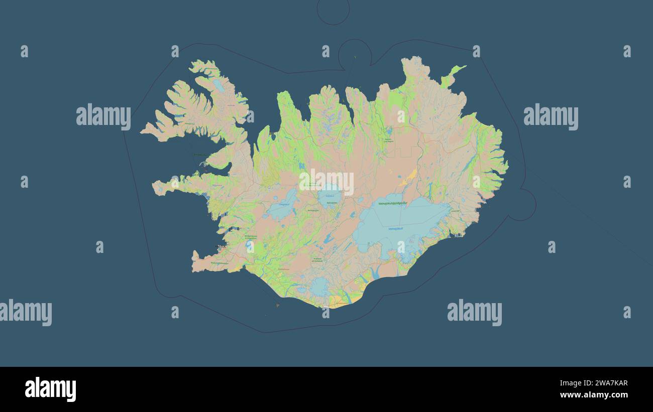 Iceland highlighted on a topographic, OSM standard style map Stock ...