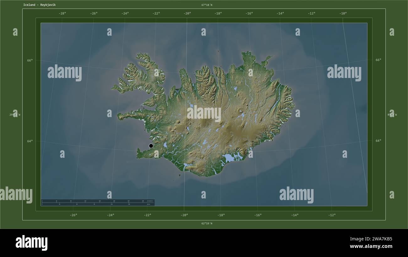 Iceland highlighted on a Pale colored elevation map with lakes and ...