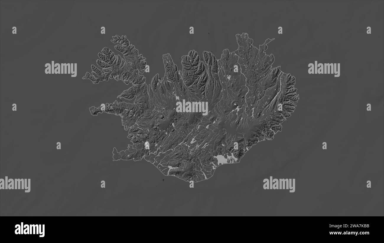 Iceland highlighted on a Bilevel elevation map with lakes and rivers ...