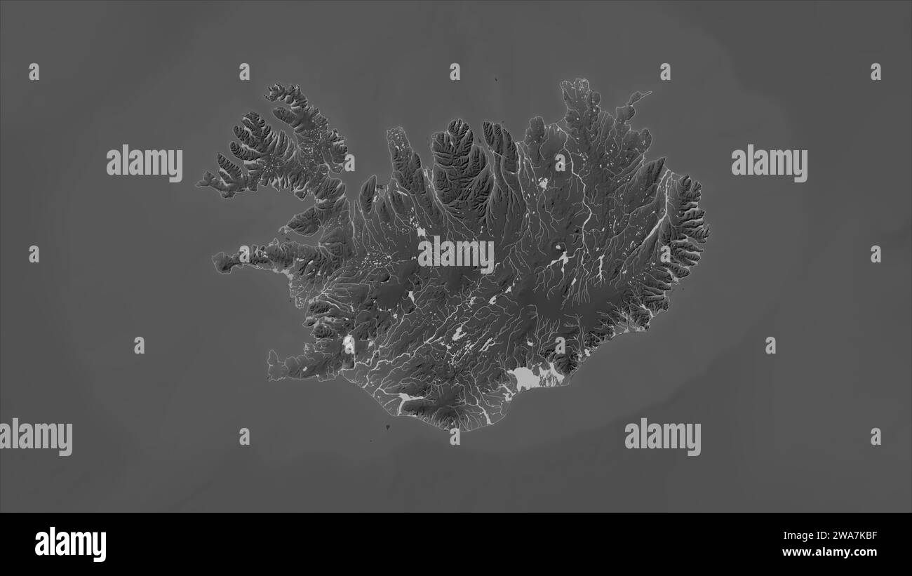 Iceland highlighted on a Grayscale elevation map with lakes and rivers ...