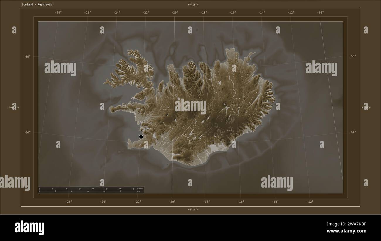 Iceland highlighted on a elevation map colored in sepia tones with ...